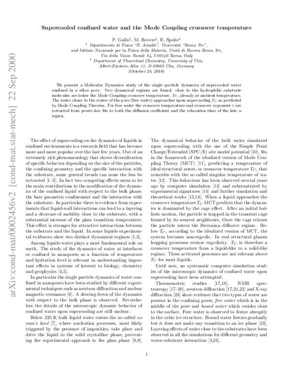 (PDF) Supercooled Confined Water and the Mode Coupling Crossover ...