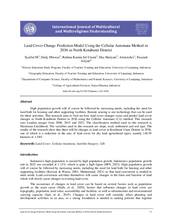 (PDF) Land Cover Change Prediction Model Using the Cellular Automata Method in 2036 in North ...