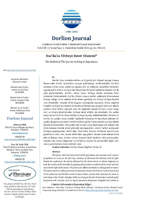 (PDF) Kur’ân’ın Tövbeye Davet Yöntemi
