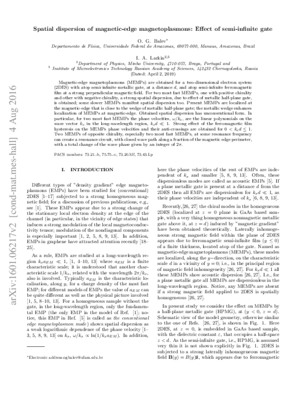 (PDF) Spatial dispersion of magnetic-edge magnetoplasmons: Effect of semi-infinite gate