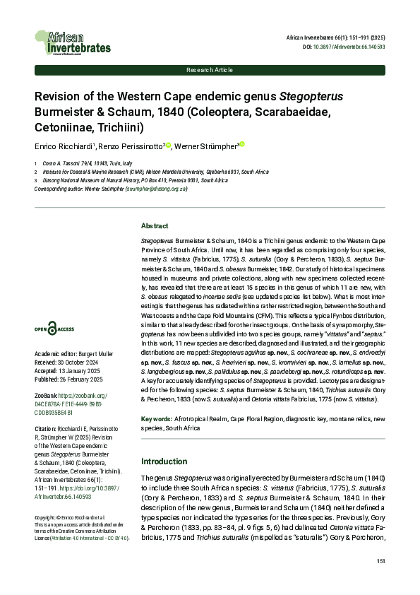 (PDF) Revision of the Western Cape endemic genus Stegopterus Burmeister ...