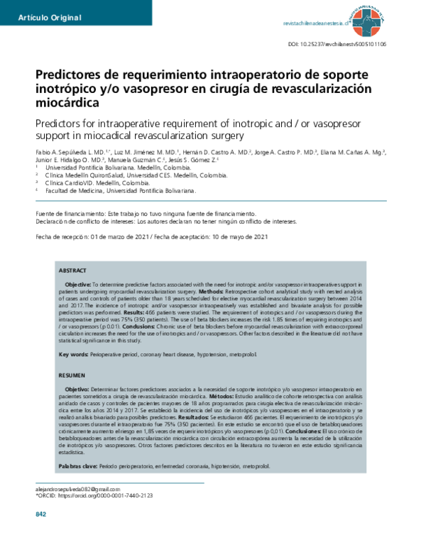 (PDF) Predictores de requerimiento intraoperatorio de soporte ...