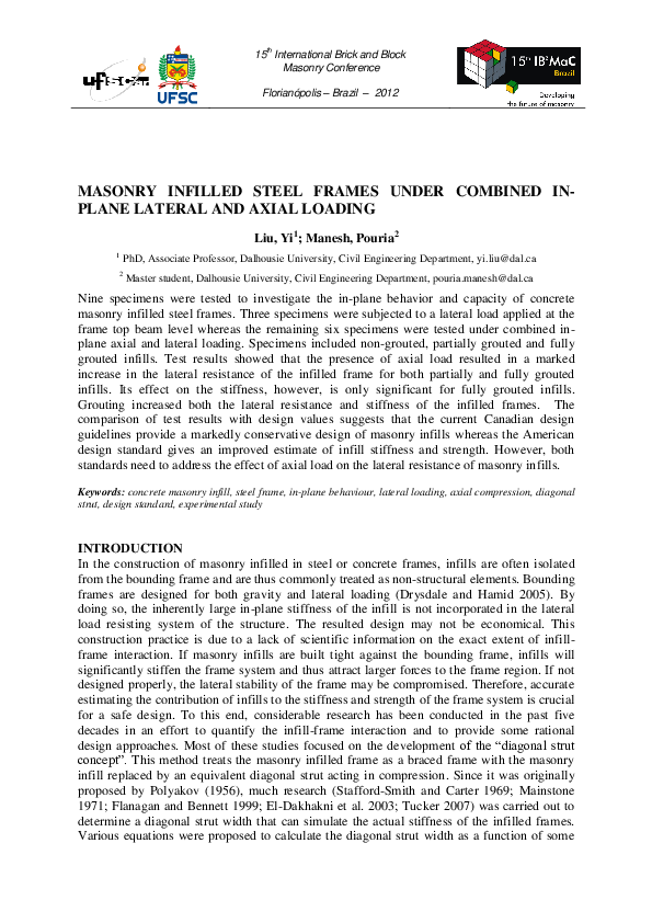 (PDF) Masonry Infilled Steel Frames Under Combined In-Plane Lateral and ...