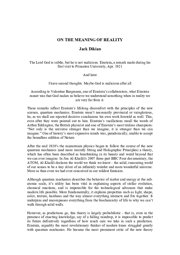 (PDF) ON THE MEANING OF REALITY