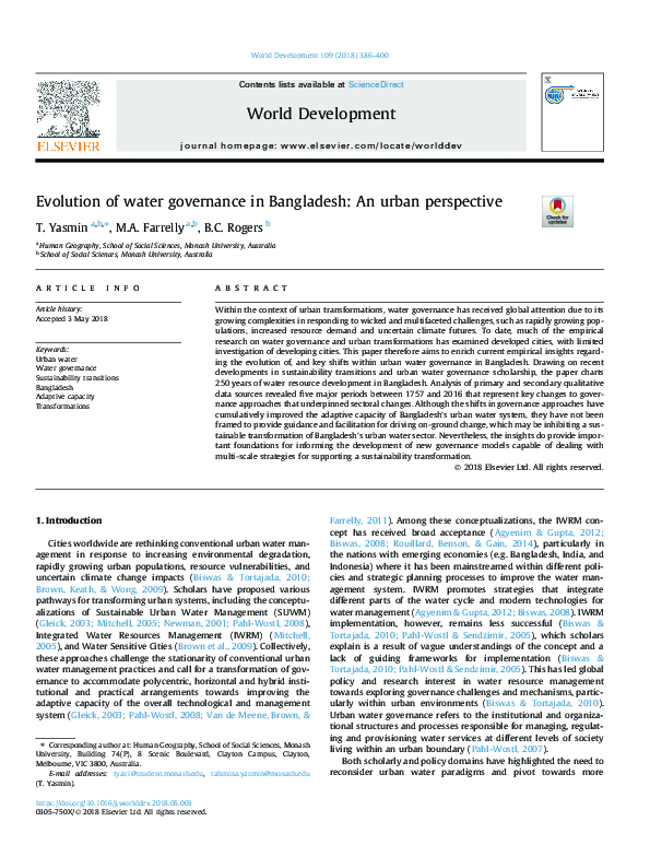 (PDF) Evolution of water governance in Bangladesh: An urban perspective