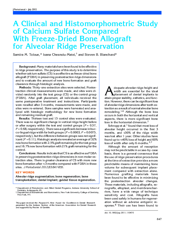 (PDF) A Clinical and Histomorphometric Study of Calcium Sulfate Compared With Freeze‐Dried Bone ...