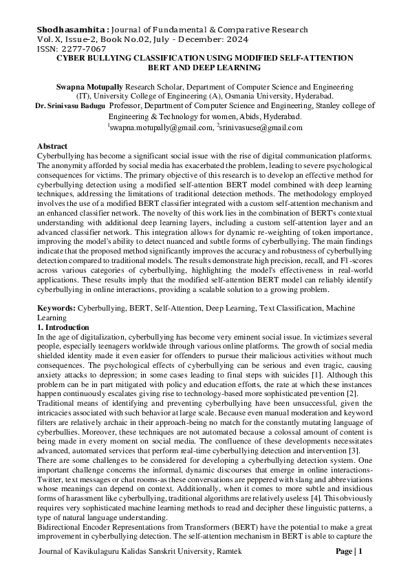 CYBER BULLYING CLASSIFICATION USING MODIFIED SELF-ATTENTION BERT AND ...