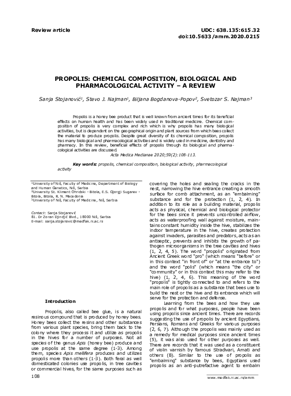 (PDF) Propolis: Chemical Composition, Biological and Pharmacological Activity – a Review