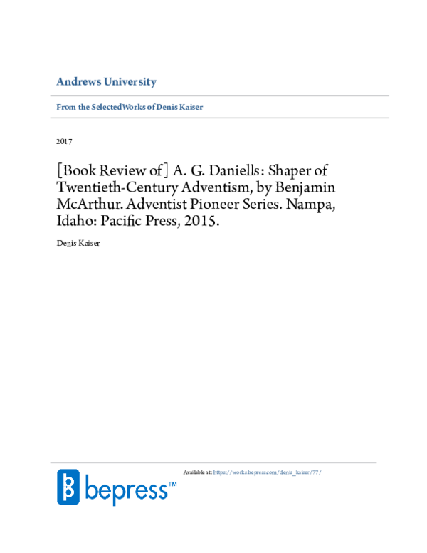 (PDF) A. G. Daniells: Shaper of Twentieth-Century Adventism. By ...
