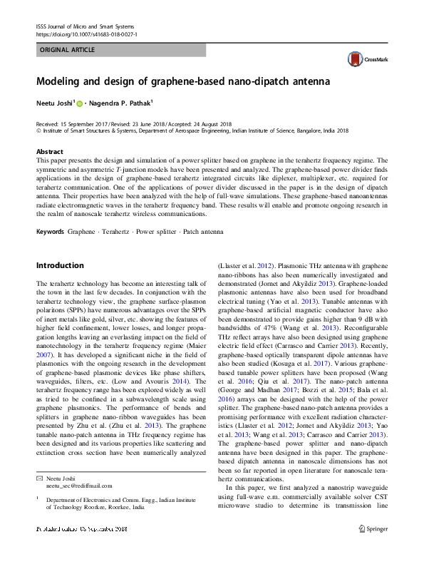 Modeling and design of graphene-based nano-dipatch antenna