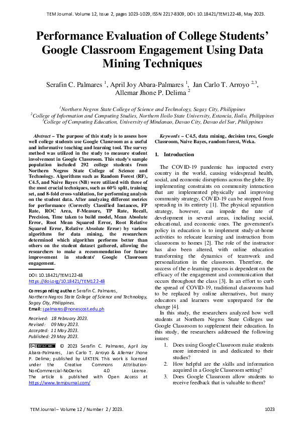 (PDF) Performance Evaluation of College Students' Google Classroom Engagement Using Data Mining ...