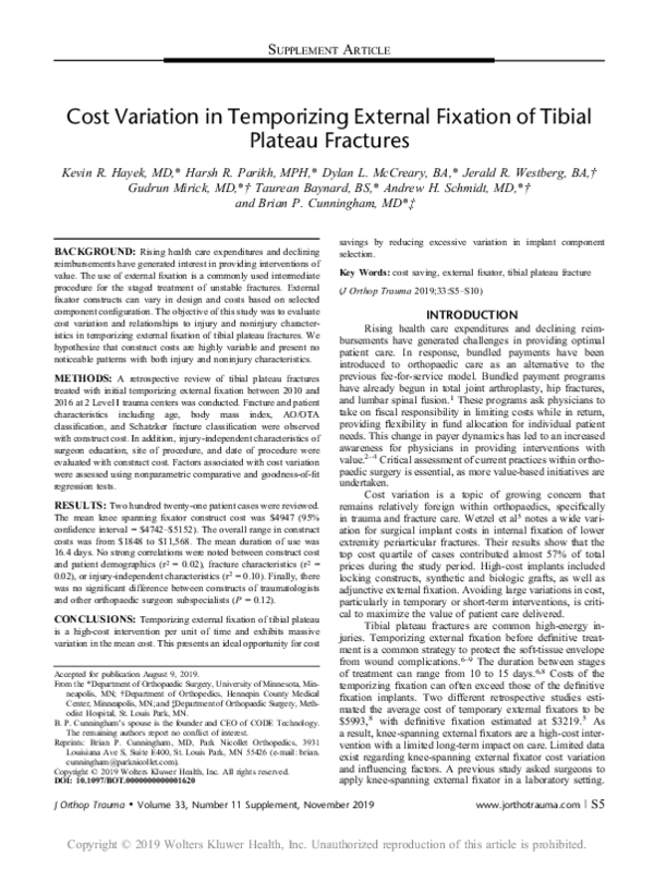 Cost Variation in Temporizing External Fixation of Tibial Plateau Fractures