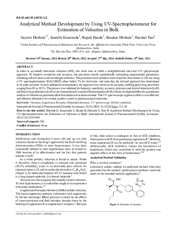 Pdf Analytical Method Development By Using Uv Spectrophotometer For Estimation Of Valsartan In