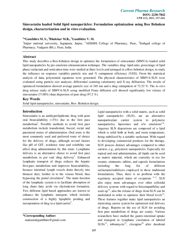 Pdf Simvastatin Loaded Solid Lipid Nanoparticles Formulation Optimization Using Box Behnken