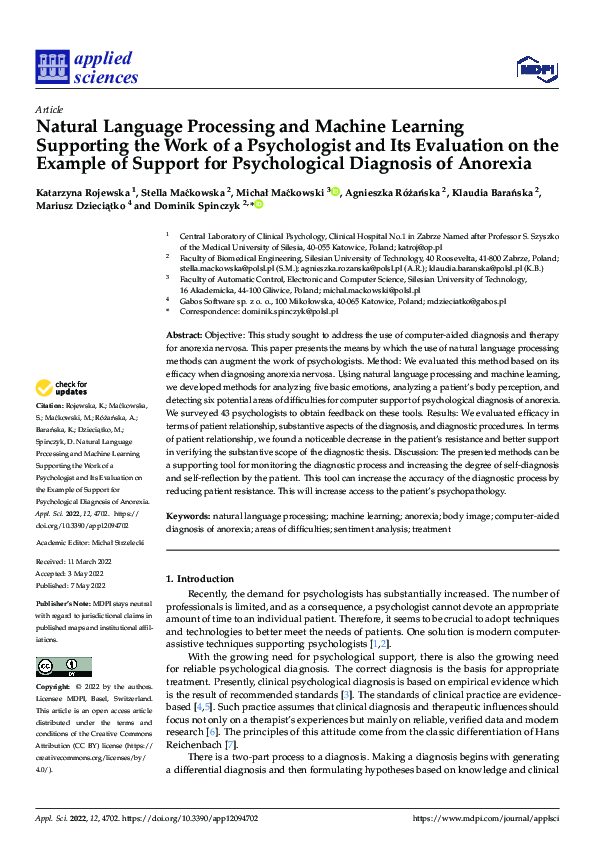 (PDF) Natural Language Processing and Machine Learning Supporting the Work of a Psychologist and ...