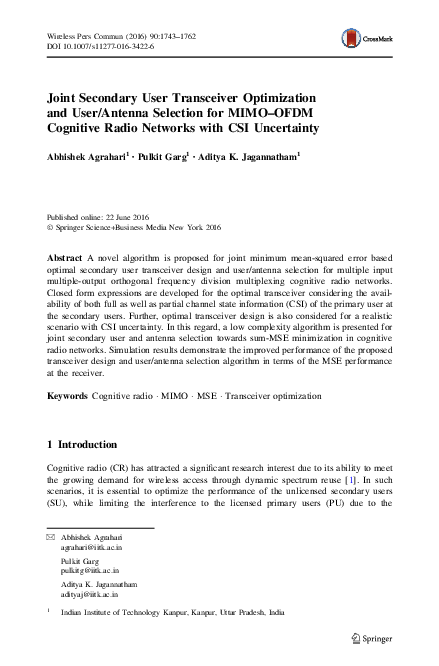 (PDF) Joint Secondary User Transceiver Optimization and User/Antenna Selection for MIMO–OFDM ...