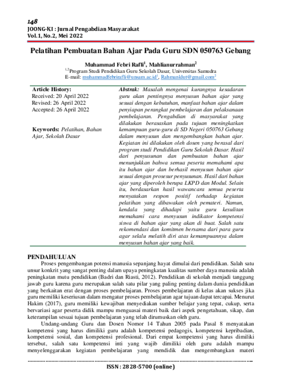 (PDF) Pelatihan Pembuatan Bahan Ajar Pada Guru SDN 050763 Gebang