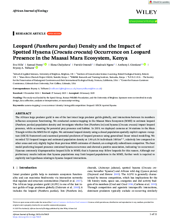 (PDF) Leopard (Panthera pardus) Density and the Impact of Spotted Hyaena (Crocuta crocuta ...
