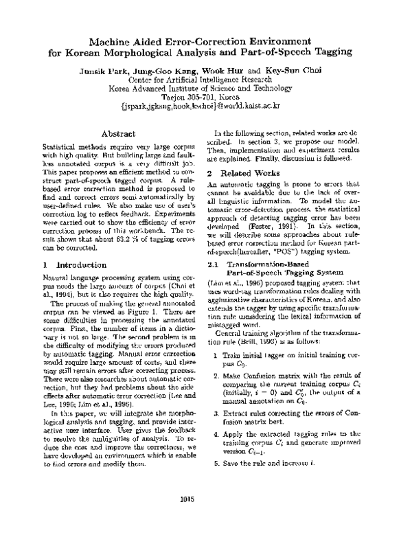 Machine aided error-correction environment for Korean morphological analysis and part-of-speech ...