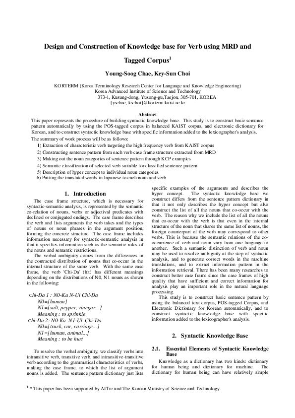 (PDF) Design and Construction of Knowledge base for Verb using MRD and ...