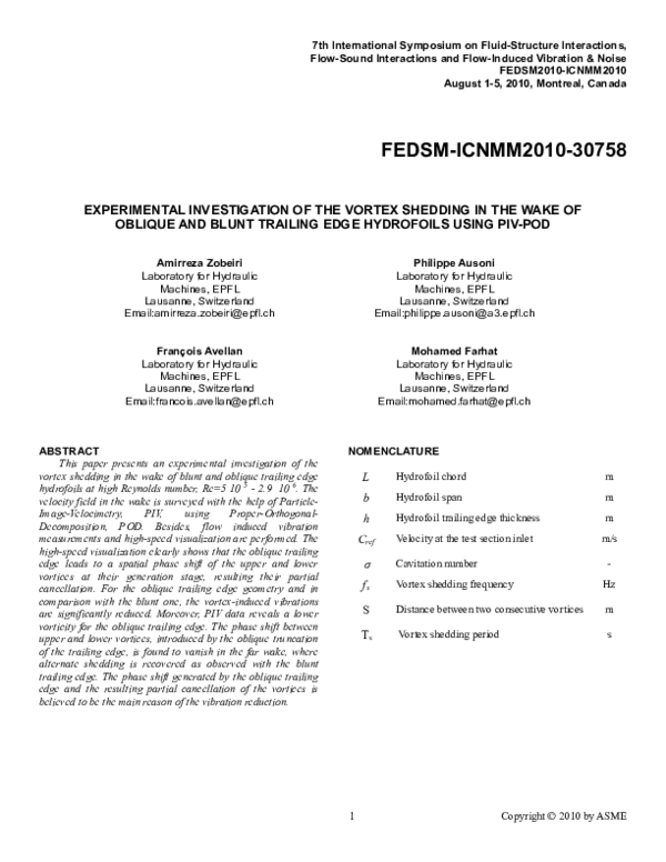 (PDF) Experimental Investigation of the Vortex Shedding in the Wake of Oblique and Blunt ...