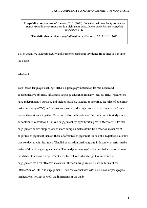 (PDF) Cognitive task complexity and learner engagement: Evidence from direction-giving map tasks