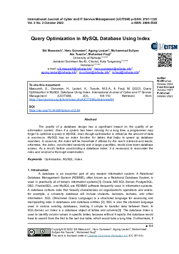 (PDF) Query Optimization In MySQL Database Using Index
