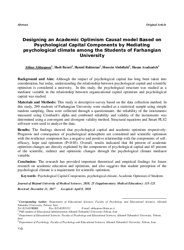Designing an Academic Optimism Causal model Based on Psychological ...