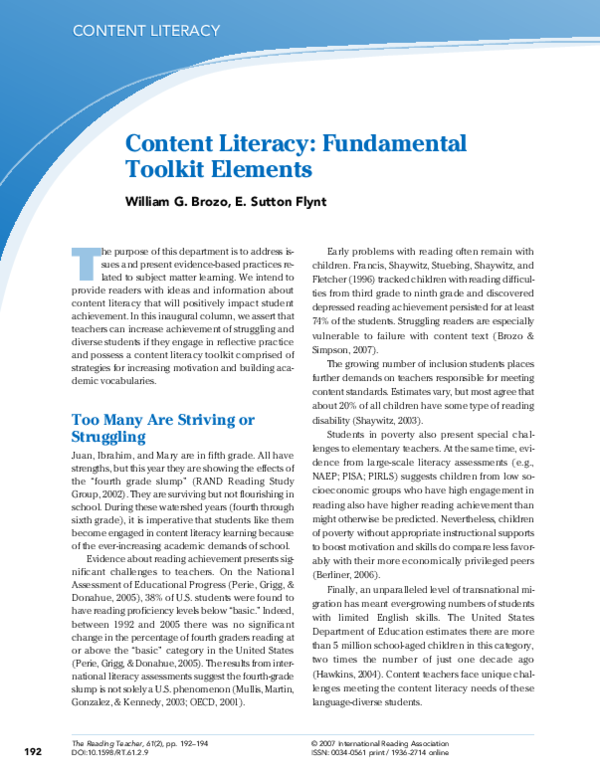 (PDF) Content Literacy: Fundamental Toolkit Elements