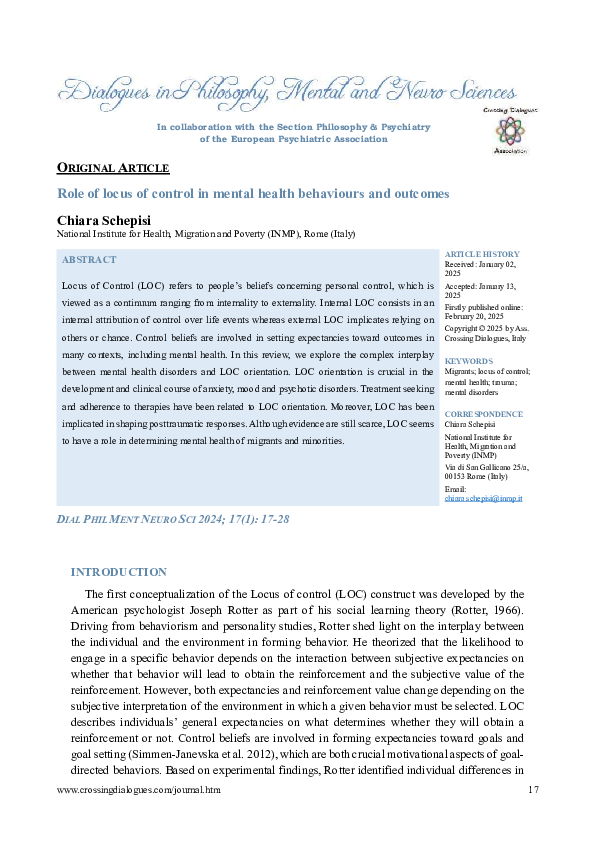 (PDF) Role of locus of control in mental health behaviours and outcomes