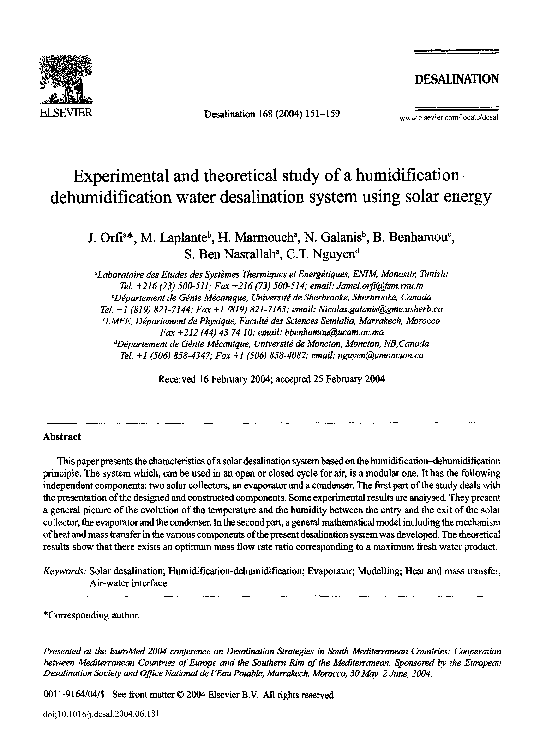 (PDF) Experimental and theoretical study of a humidification-dehumidification water desalination ...