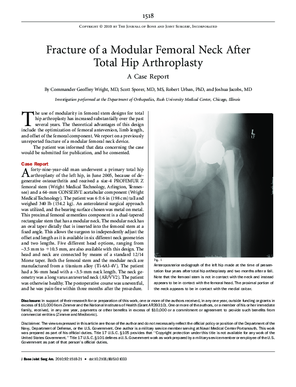 (PDF) Fracture of a modular femoral neck after total hip arthroplasty ...