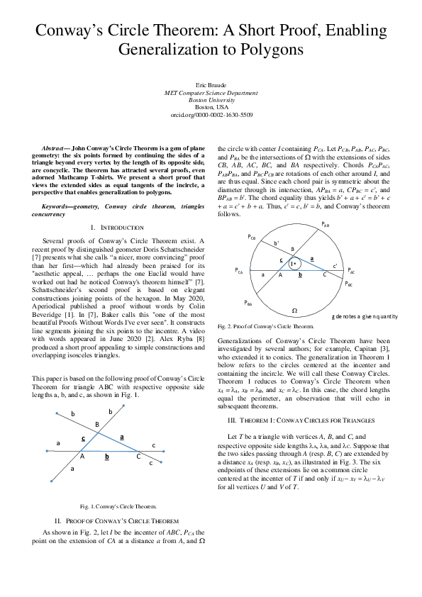 (PDF) Conways Circle Theorem: A Short Proof Enabling Generalization to ...