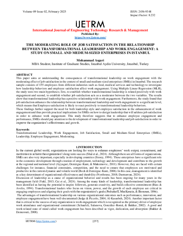 (PDF) THE MODERATING ROLE OF JOB SATISFACTION IN THE RELATIONSHIP BETWEEN TRANSFORMATIONAL ...