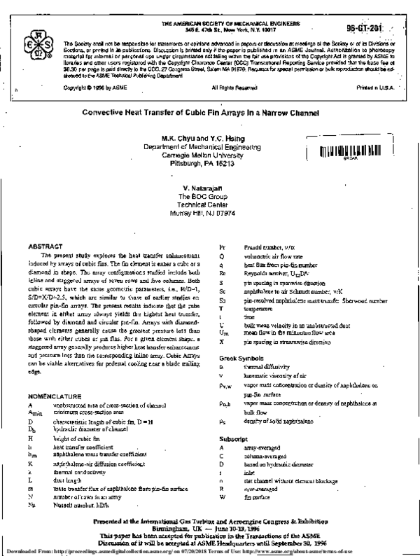 (PDF) Convective Heat Transfer of Cubic Fin Arrays in a Narrow Channel