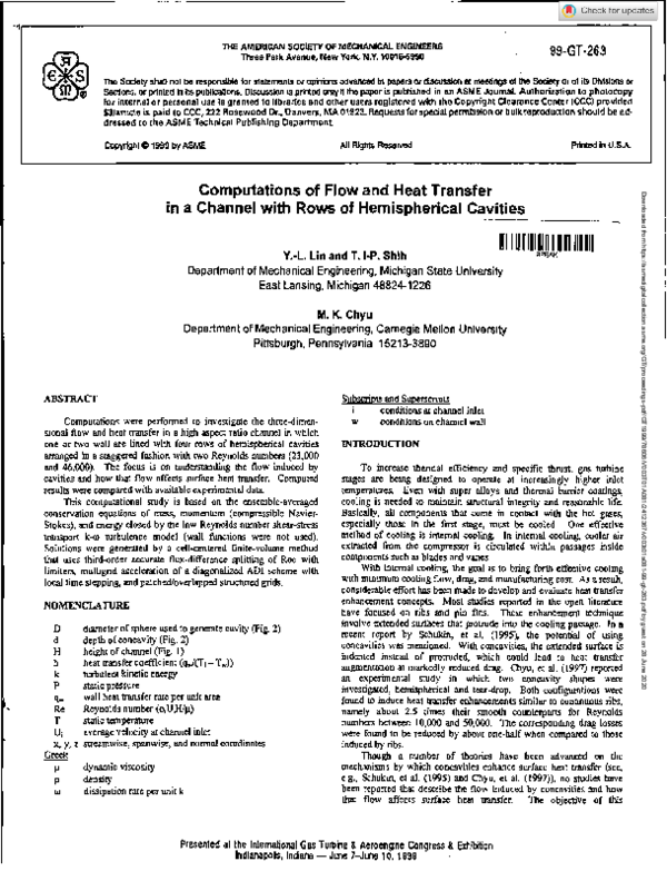 (PDF) Computations of Flow and Heat Transfer in a Channel With Rows of ...