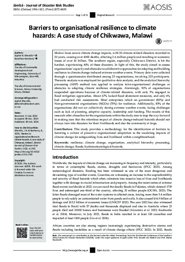 (PDF) Jàmbá -Journal of Disaster Risk Studies