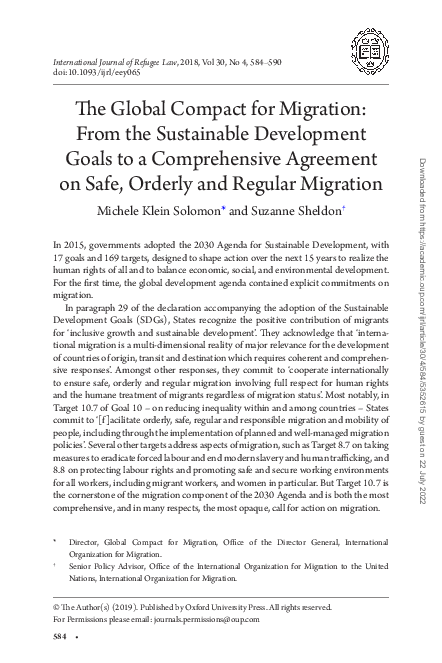 The Global Compact for Migration: From the Sustainable Development Goals to a Comprehensive ...