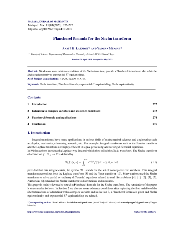 (PDF) Plancherel formula for the Shehu transform