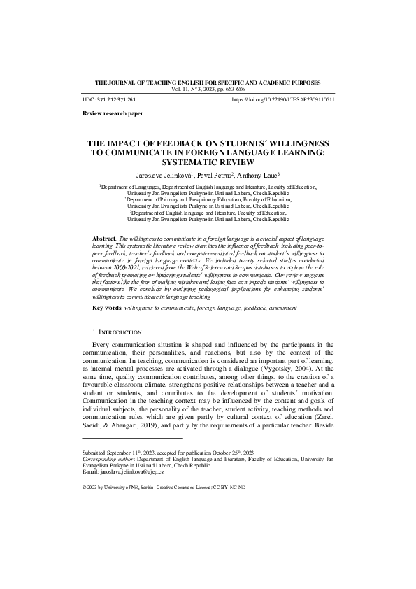 (PDF) The Impact of Feedback on Students´ Willingness to Communicate in Foreign Language ...