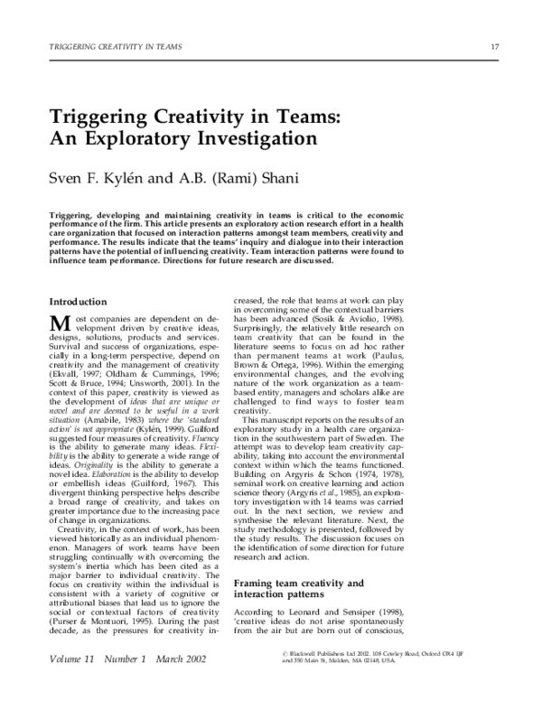 (PDF) Triggering Creativity in Teams: An Exploratory Investigation