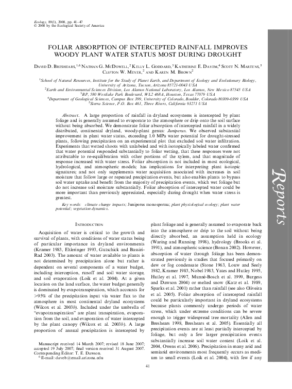 (PDF) Foliar Absorption of Intercepted Rainfall Improves Woody Plant ...
