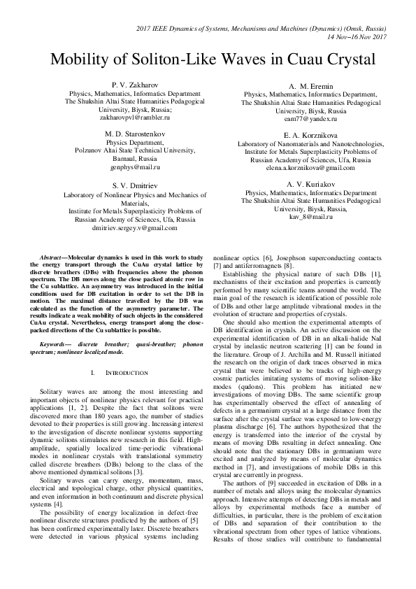 (PDF) Mobility of soliton-like waves in CuAu crystal
