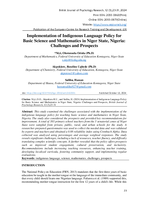 (PDF) Implementation of Indigenous Language Policy for Basic Science ...