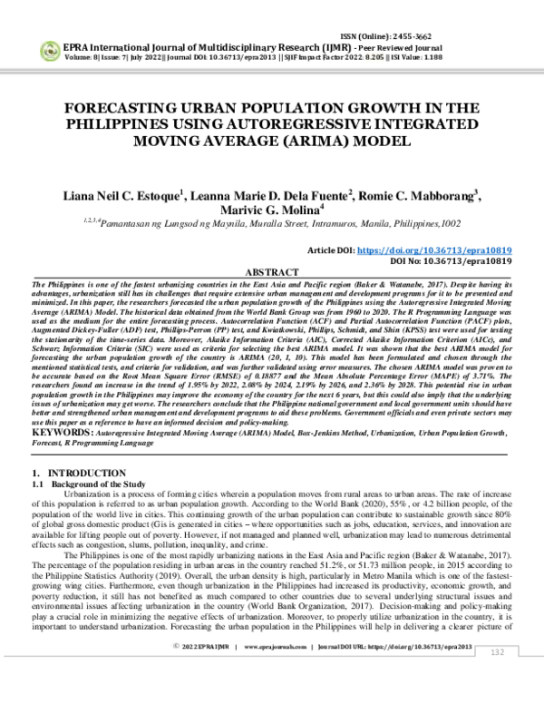 (PDF) Forecasting Urban Population Growth in the Philippines Using Autoregressive Integrated ...
