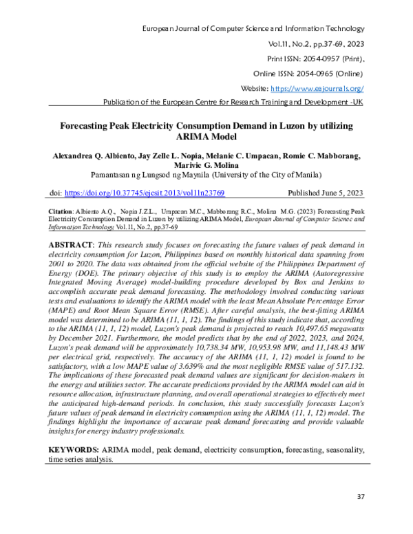 (PDF) Forecasting Peak Electricity Consumption Demand in Luzon by utilizing ARIMA Model