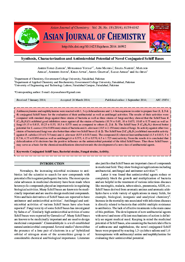 (PDF) Synthesis, Characterization and Antimicrobial Potential of Novel Conjugated Schiff Bases