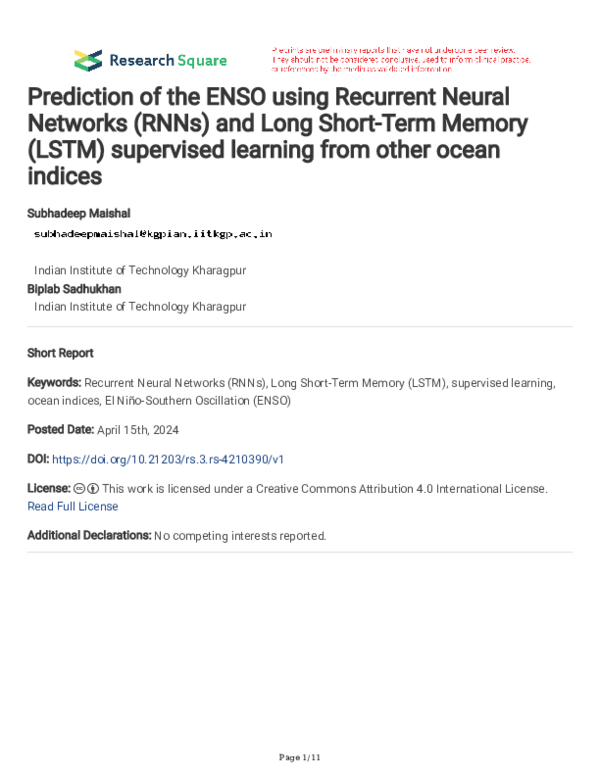 (PDF) Prediction of the ENSO using Recurrent Neural Networks (RNNs) and ...