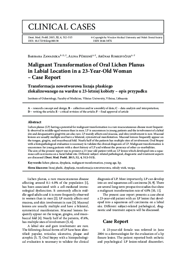 (PDF) Malignant Transformation of Oral Lichen Planus in Labial Location in a 23-Year-Old Woman ...