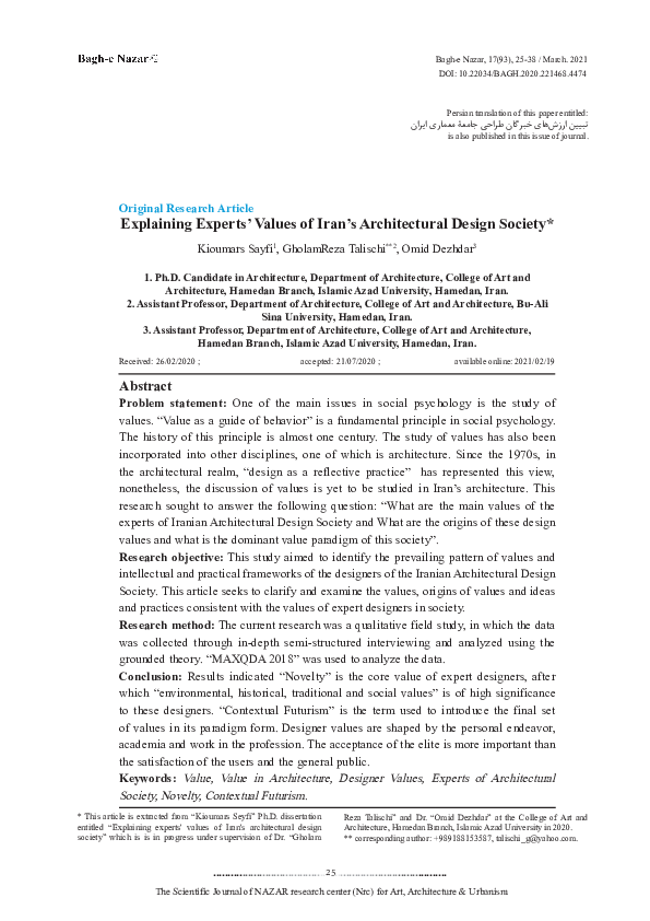 Explaining Experts’ Values of Iran’s Architectural Design Society*